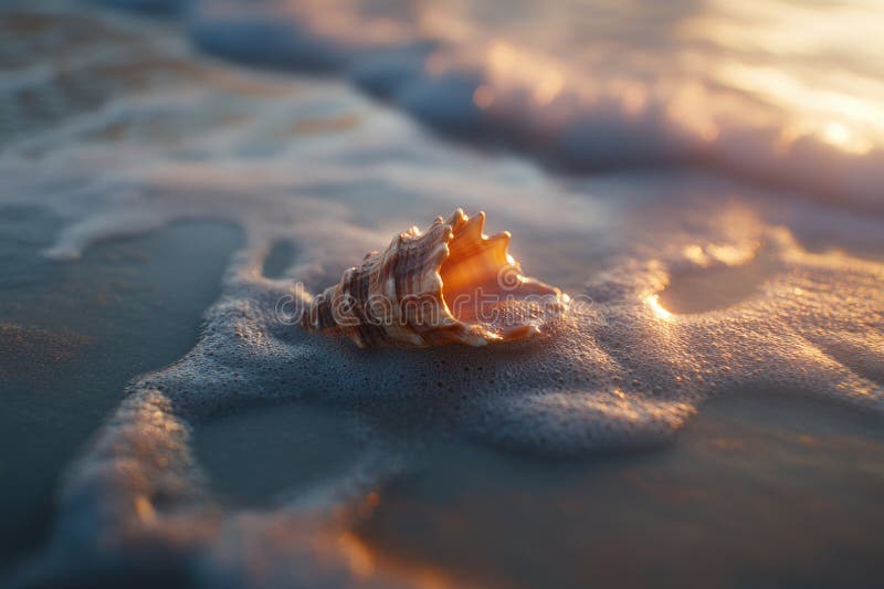 A Seashell Sits on the Beach As the Sun Sets Behind it, with the Ocean ...
