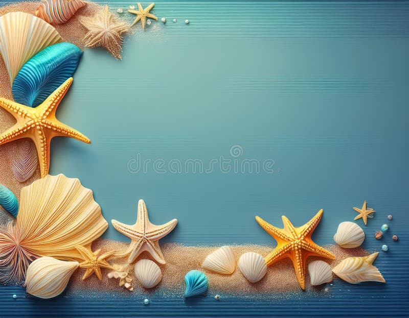 Seashell and Starfish Decorated Sea Concept Background with Sand Border ...
