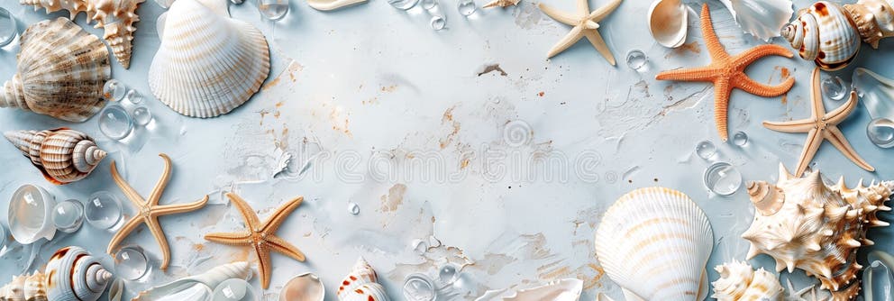 Seashell and Starfish Frame Banner on Blue Concrete with Copy Space ...