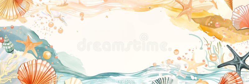 Seashell and Starfish Frame Banner with Wave Pattern Background ...