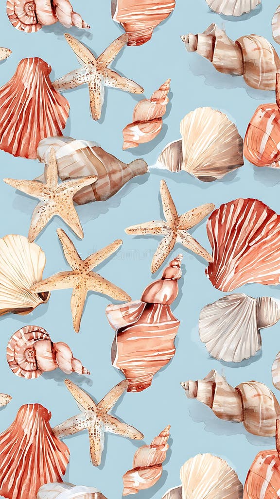 Seashell and Starfish Pattern Featuring Various Types of Shells and ...