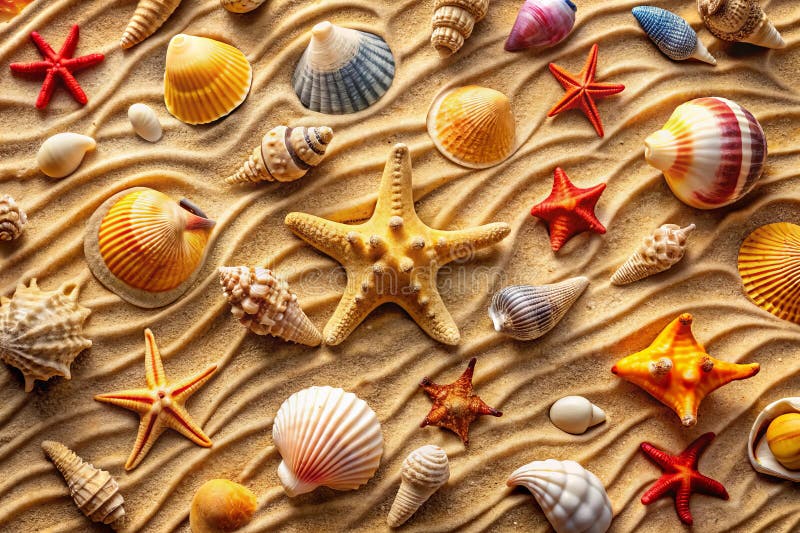 Seashell and StarfishStudded Sandy Beach a WideAngle TopDown View of ...