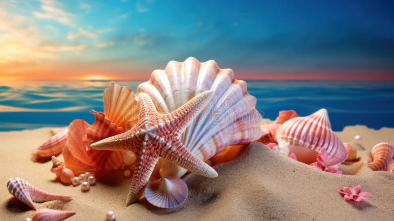 Seashell on the Summer Beach in Sea Water. Summer Background. Summer ...