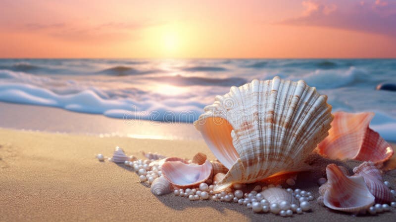 Seashell on the Summer Beach in Sea Water. Summer Background. Summer ...
