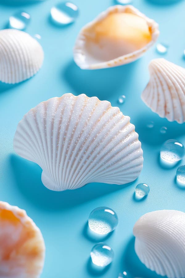 White Seashells on a Pastel Blue Background. Summer Holiday and ...