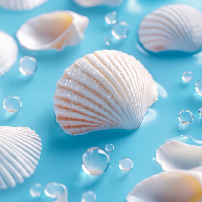 White Seashells on a Pastel Blue Background. Summer Holiday and ...