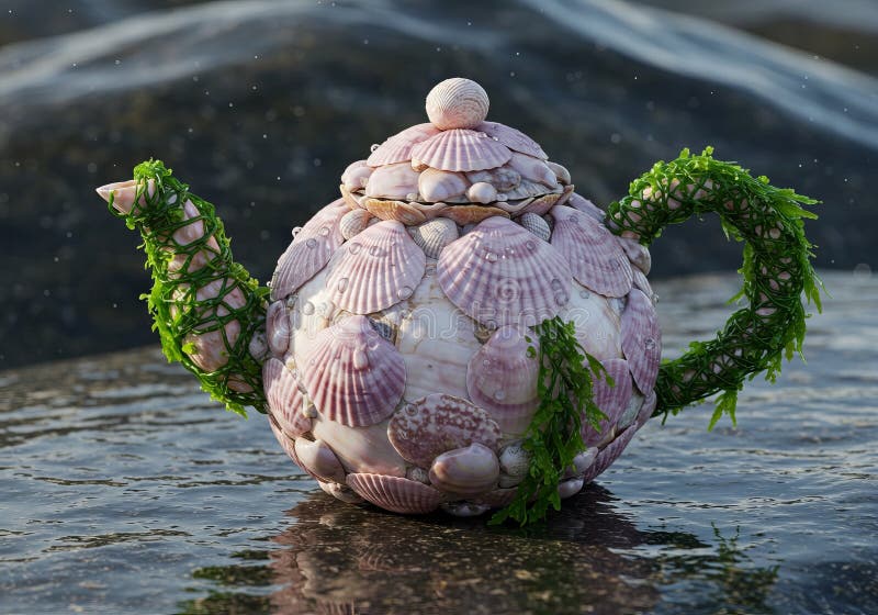Seashell Teapot with Seaweed Handle on Wet Beach Surface Stock Photo ...