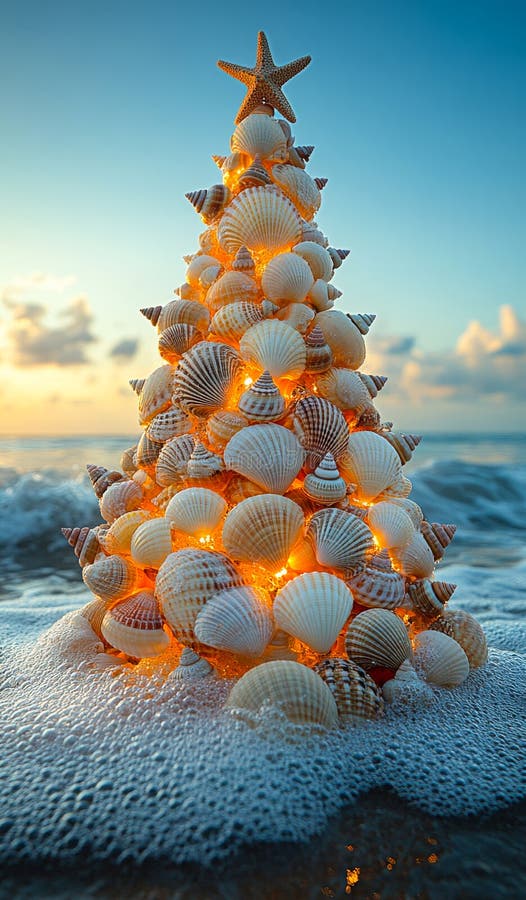 Seashell tree at sunset stock image. Image of shoreline - 371258257