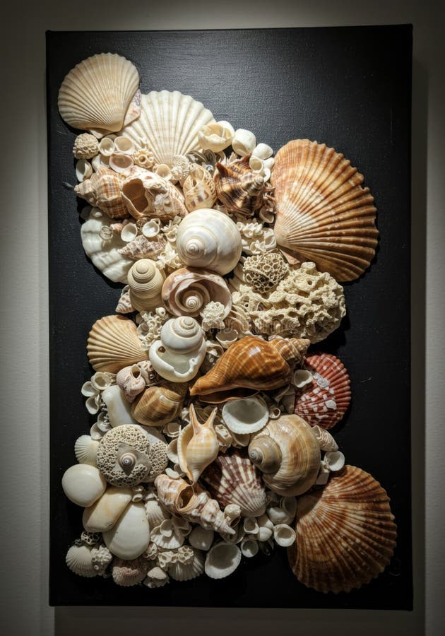 Seashell Wall Art: Cream and Brown Shells on Black Stock Illustration ...