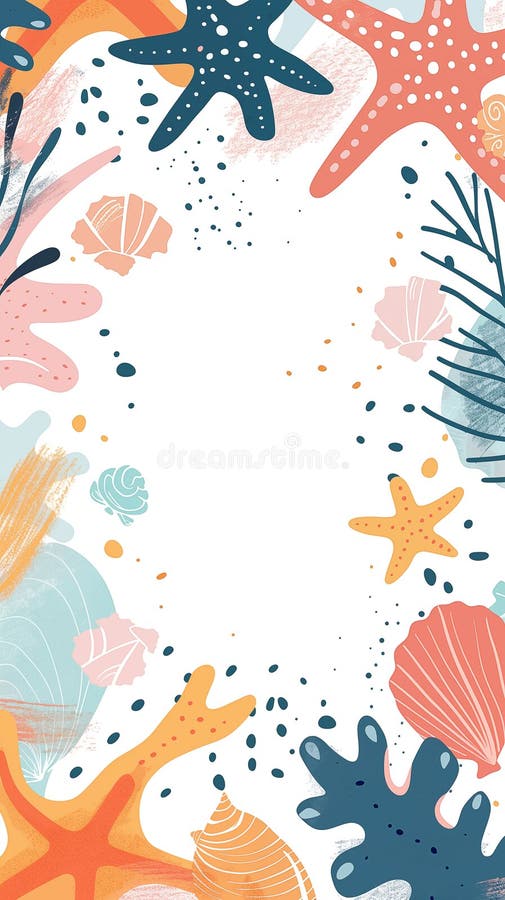 Seashell Watercolor Frame with Starfish, Coral and Sand Stock Image ...