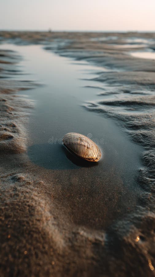 Seashell on Wet Sand with Shallow Water Reflecting Soft Light at Beach ...