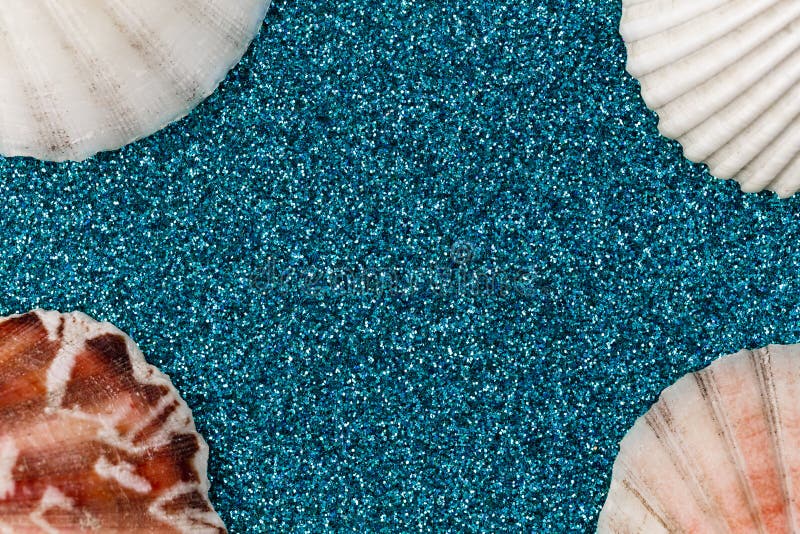 Seashells on a Aqua Blue Glitter Background. Sea Shell Frame Stock ...