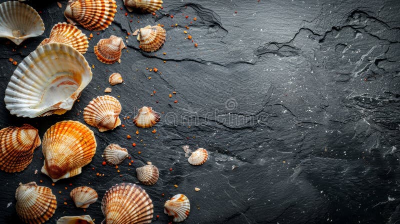 Seashells Arranged on a Black Background in a Natural Still Life ...