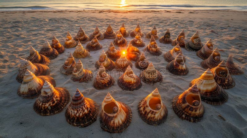 Seashells Arranged in Circle on Sandy Beach at Sunset Stock ...