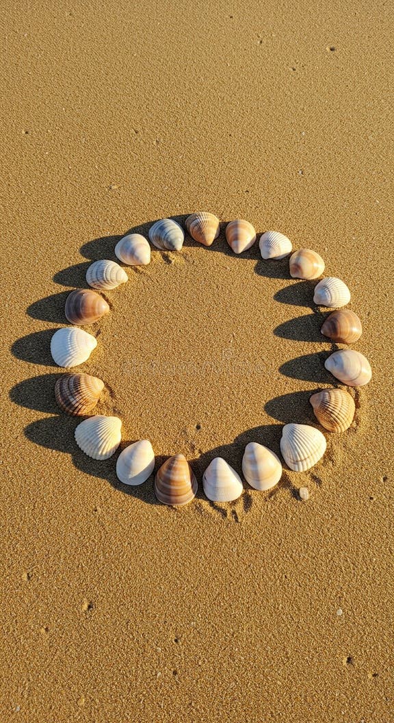 Assorted Seashells in Circle on Beach Sand, Top View Ai Stock ...
