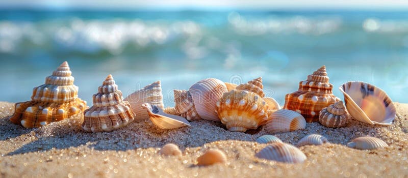 Seashells Arranged on Sandy Beach Stock Image - Image of coastal ...
