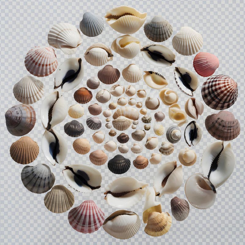 Vibrant Spiral Arrangement of Diverse Seashells on Transparent ...