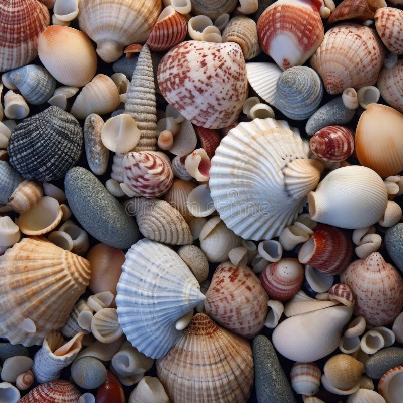 Seashells Background, Lots of Amazing Seashells. Top View Stock Photo ...