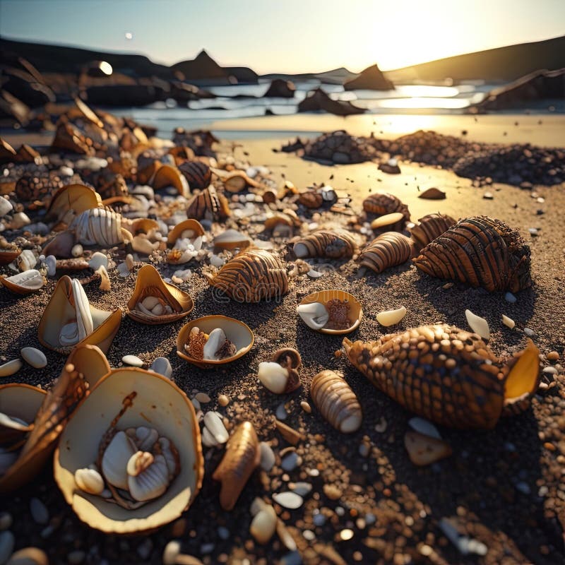 Seashells on the Beach at Sunset. Beautiful Natural Background Stock ...
