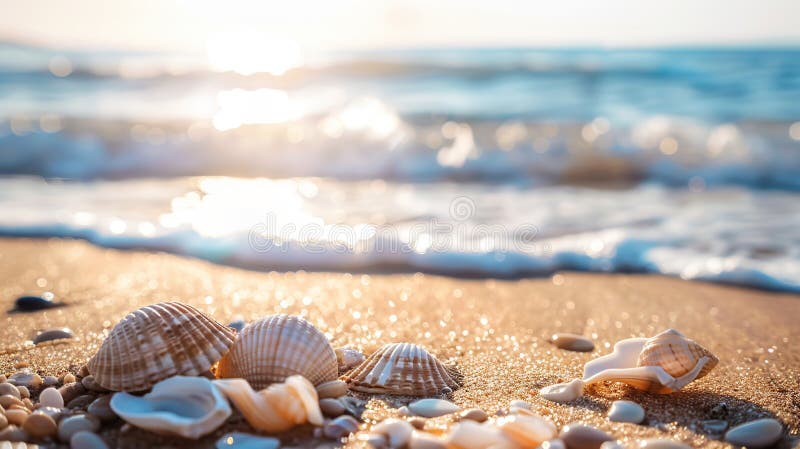 Seashells on the Beach at Sunset Stock Illustration - Illustration of ...