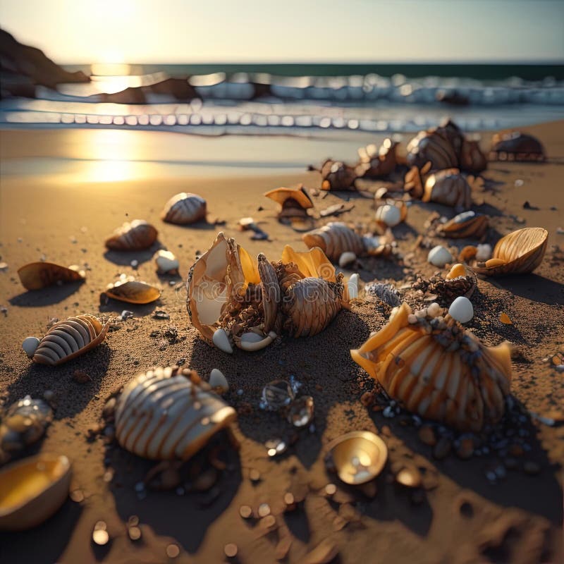 Seashells on the Beach at Sunset. Generative Ai Stock Illustration ...