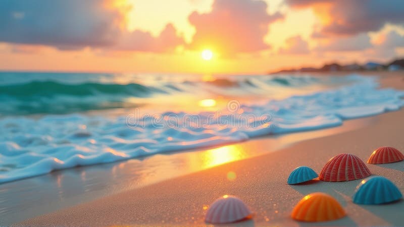 Seashells on the Beach at Sunset Stock Illustration - Illustration of ...
