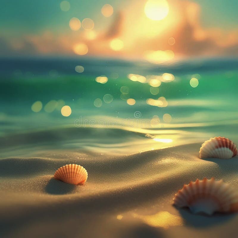 Seashells on the Beach with Sunset and Ocean Waves Tranquil Coastal ...