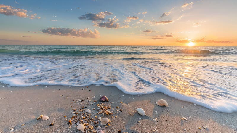 Seashells on the Beach at Sunset Stock Image - Image of golden ...
