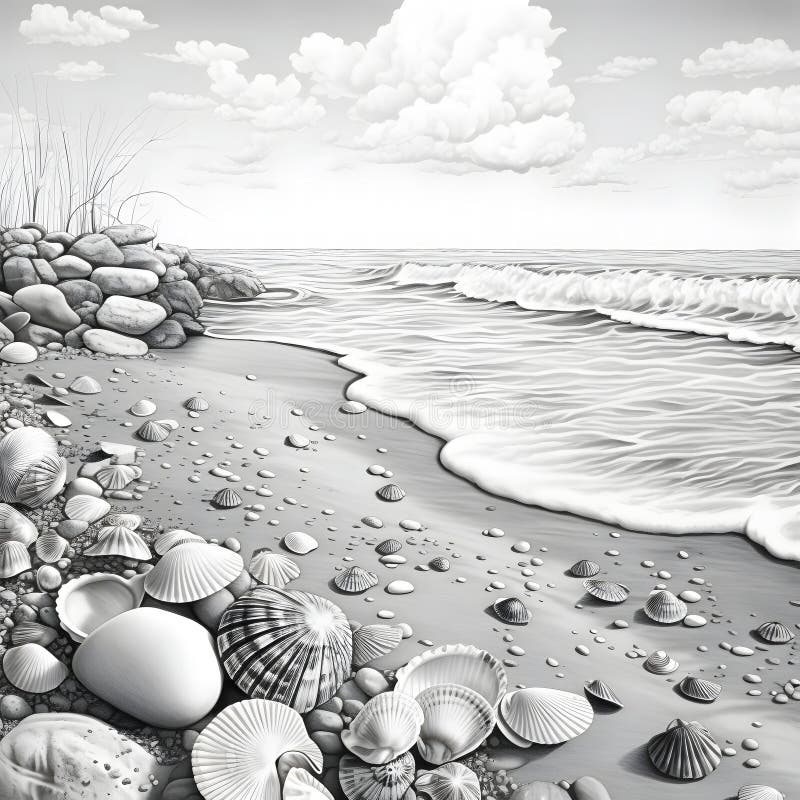 Seashells on a Black and White Beach Stock Illustration - Illustration ...