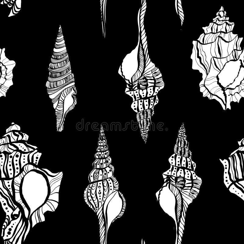 Seashells in Black and White Seamless Pattern on Black Stock ...