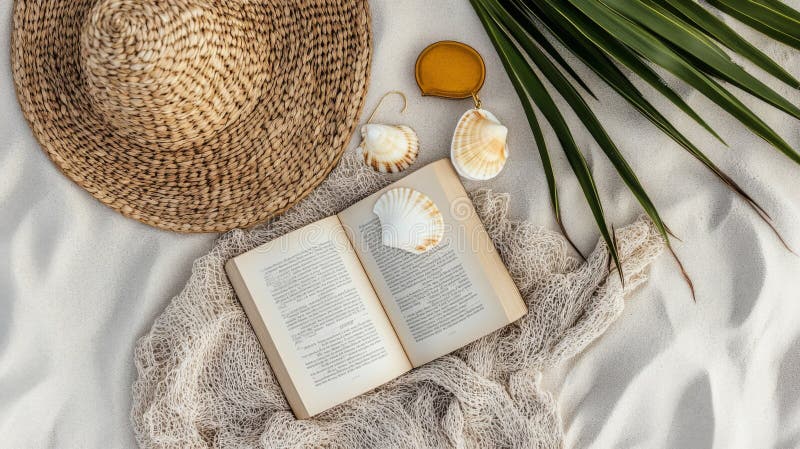 Seashells and Book on Sandy Beach with Palm Leaf and Hat Stock ...
