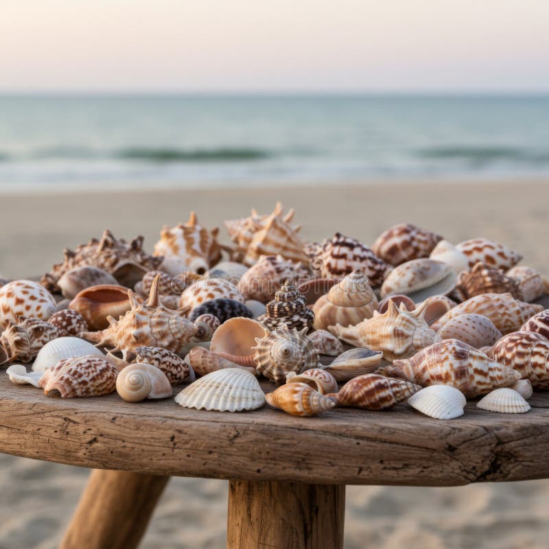 Seashells Collection on Wooden Table at Beach Stock Illustration ...