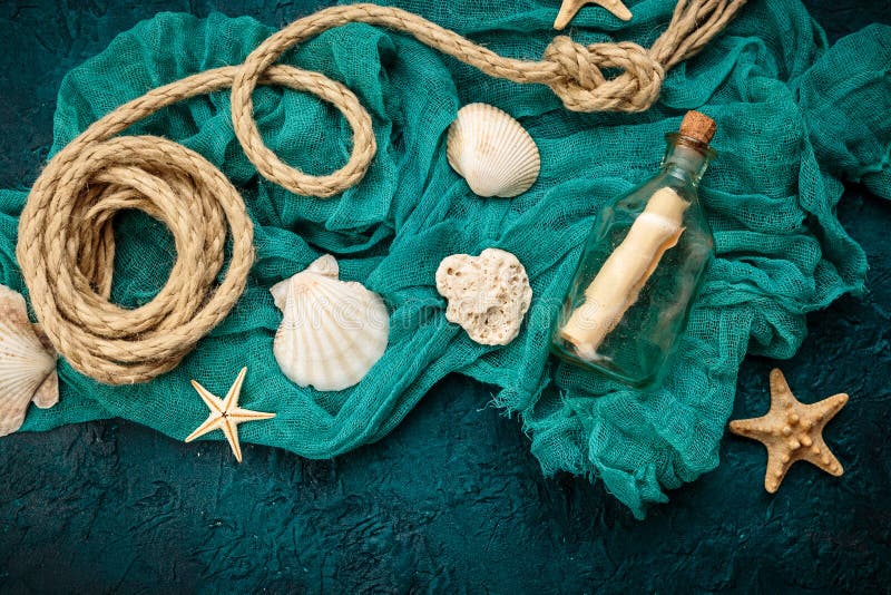 Seashells on Dark Turquoise Background Stock Photo - Image of life ...