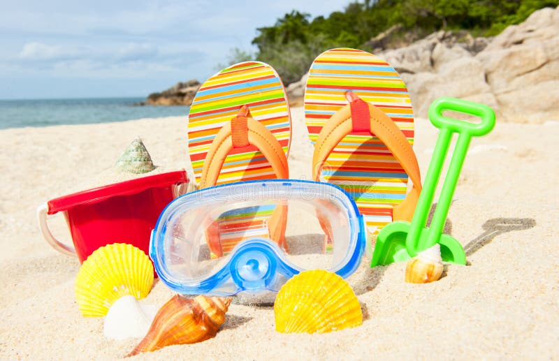 Seashells and Diving Mask on the Beach Stock Image - Image of escape ...