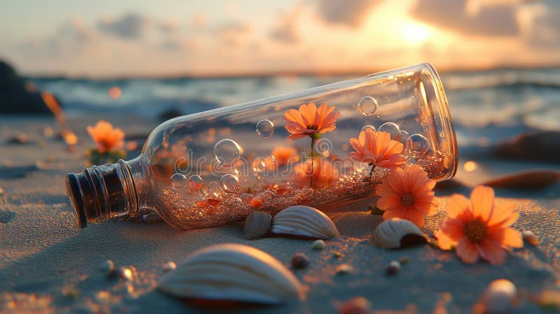 Seashells and Flowers in Glass Bottle on Sunlit Beach Stock Image ...
