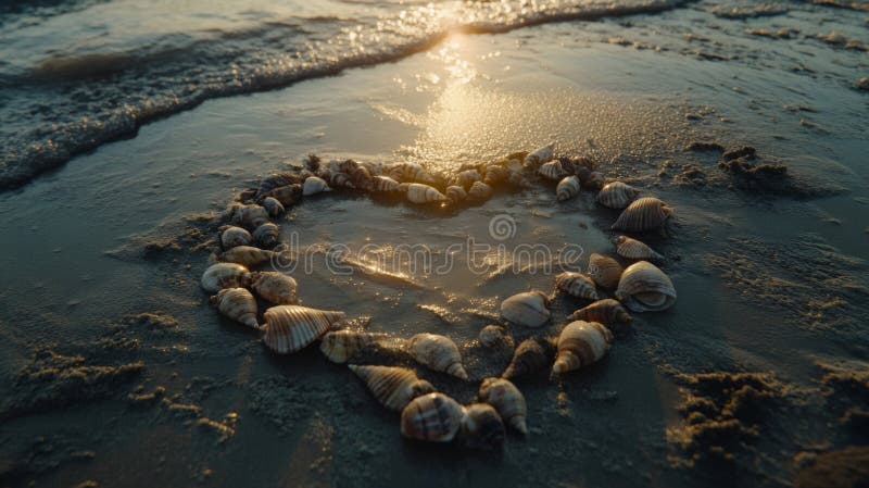 Seashells Forming a Heart Shape on a Sunset Beach Stock Illustration ...