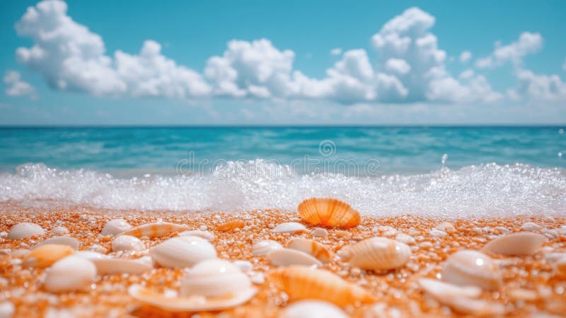 Serene Sandy Beach Seashells Fluffy Clouds Under Clear Blue Sky Stock ...