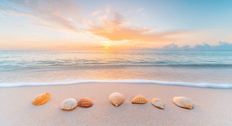 Seashells Line the Beach As the Sun Sets, with a Vibrant Sky and Ocean ...