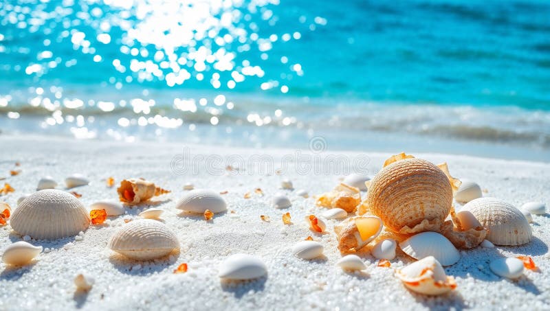 Seashells Over White Sand at Tropical Seashore Stock Image - Image of ...