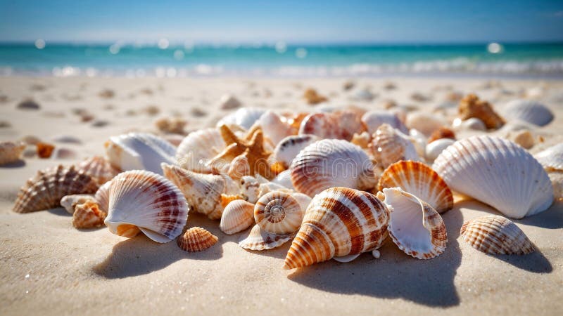 Seashells Over White Sand at Tropical Seashore Stock Photo - Image of ...
