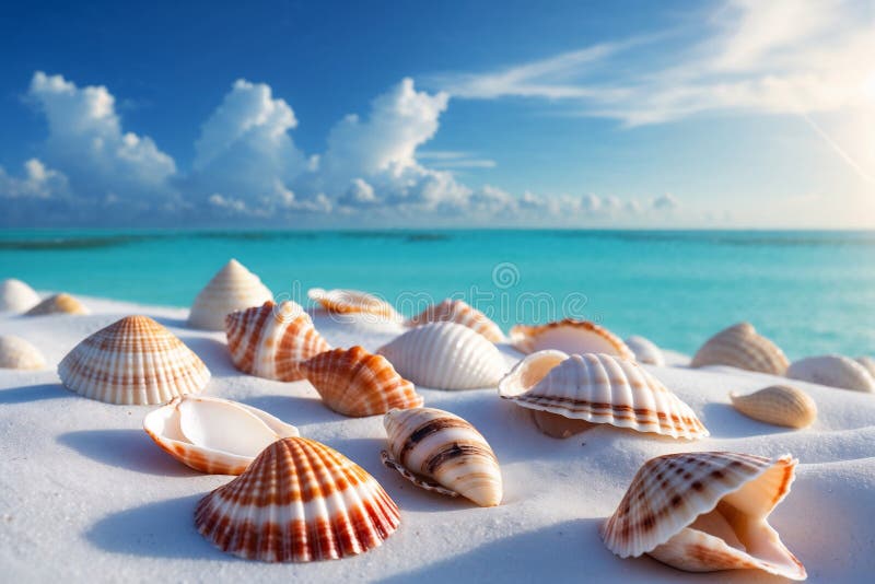 Seashells Over White Sand at Tropical Seashore Stock Photo - Image of ...