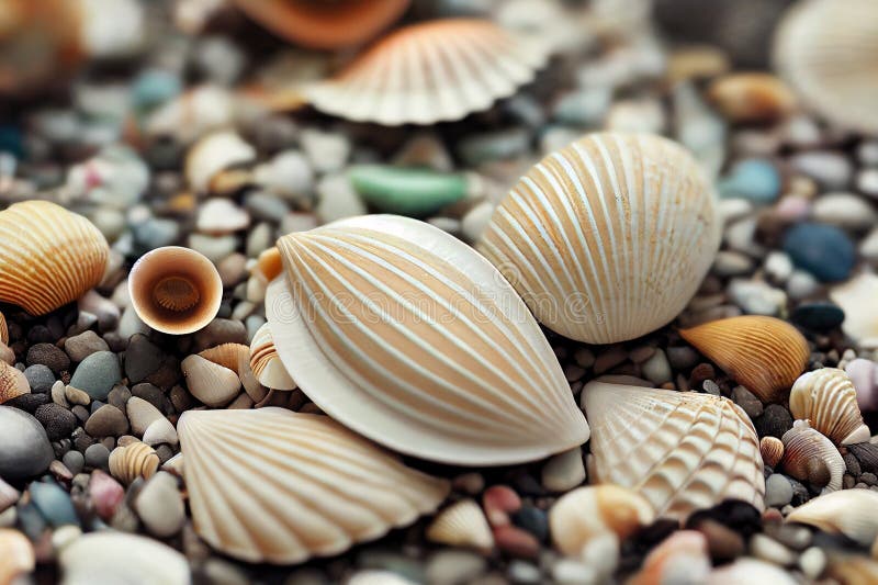 Seashells on the Pebble Beach, Closeup View Stock Illustration ...
