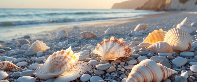 Seashells on Pebble Beach at Sunset with Tranquil Ocean and Cliffs ...