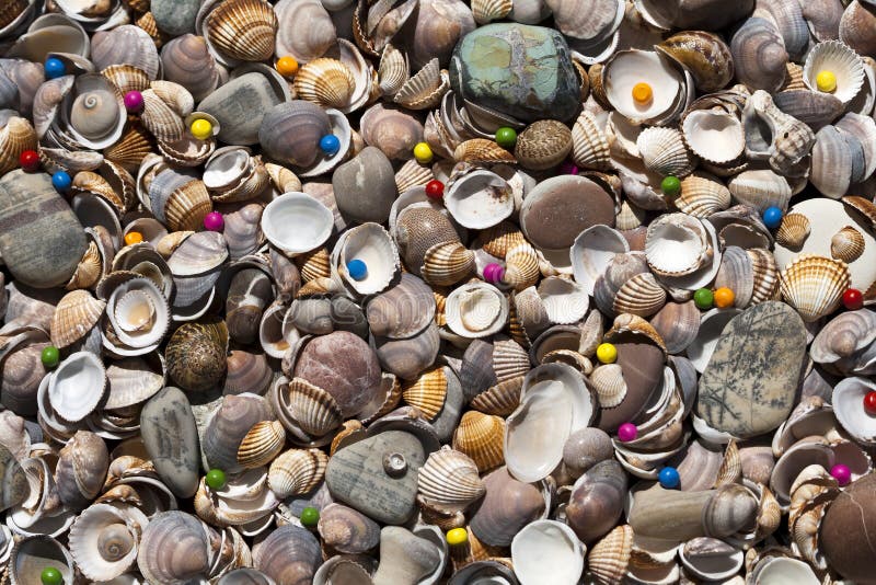 Seashells and Pebbles Natural Background with Colorful Beads Stock ...