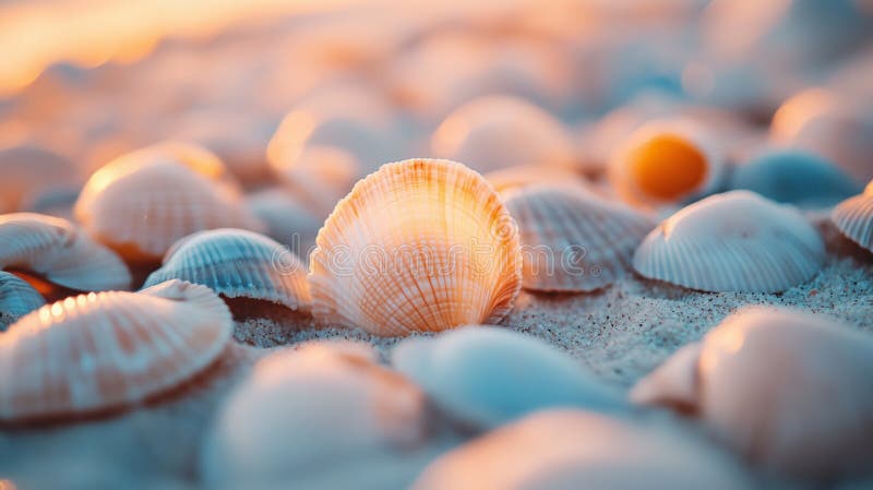 Seashells Resting on Beach Sand during Sunset Stock Photo - Image of ...