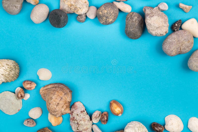 Seashells and Rocks on a Blue Background.Marine Theme Stock Photo ...