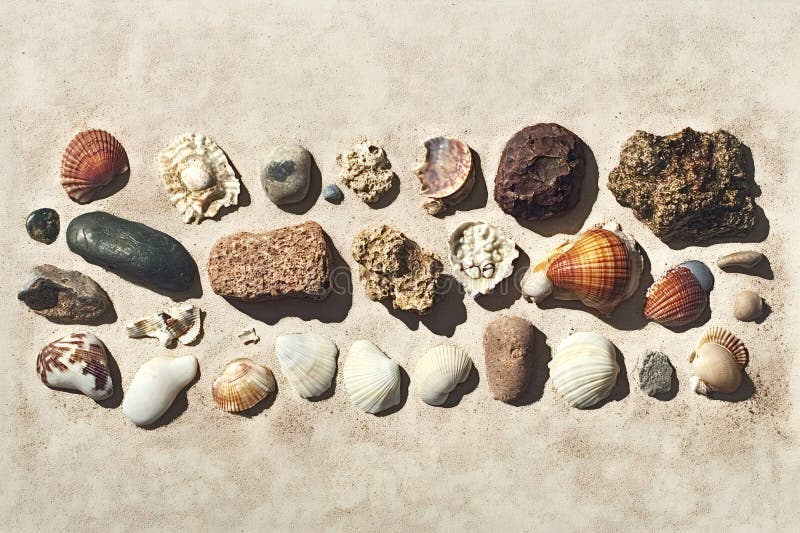 Seashells and Rocks Creating a Pattern on the Beach Sand Stock Image ...