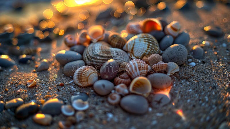 Seashells and Rocks on a Sandy Beach at Sunset Stock Photo - Image of ...