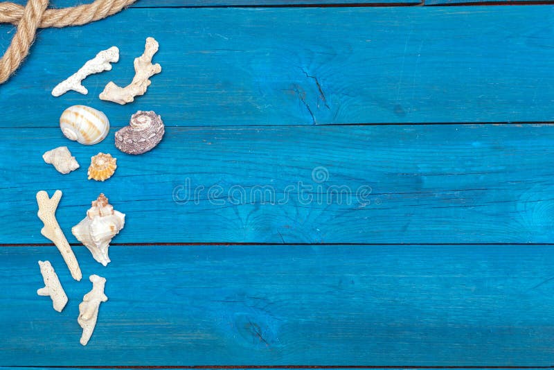 Seashells and Rope on Blue Boards, Copyspace Stock Photo - Image of ...