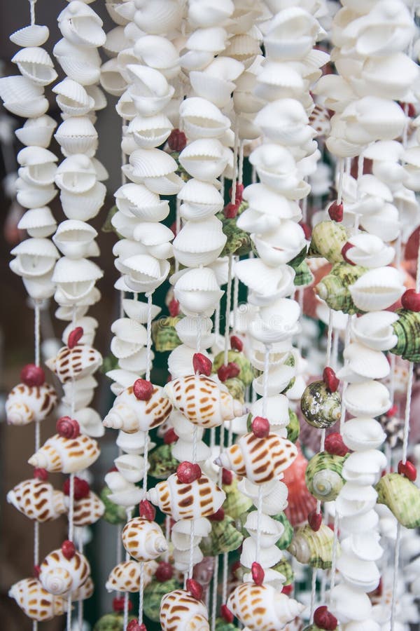 Seashells on Rope Thread for Background Stock Image - Image of crafts ...